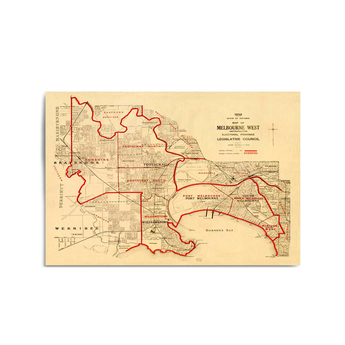 1939 Vintage Map of South Melbourne, Williamstown & Footscray, Victori ...