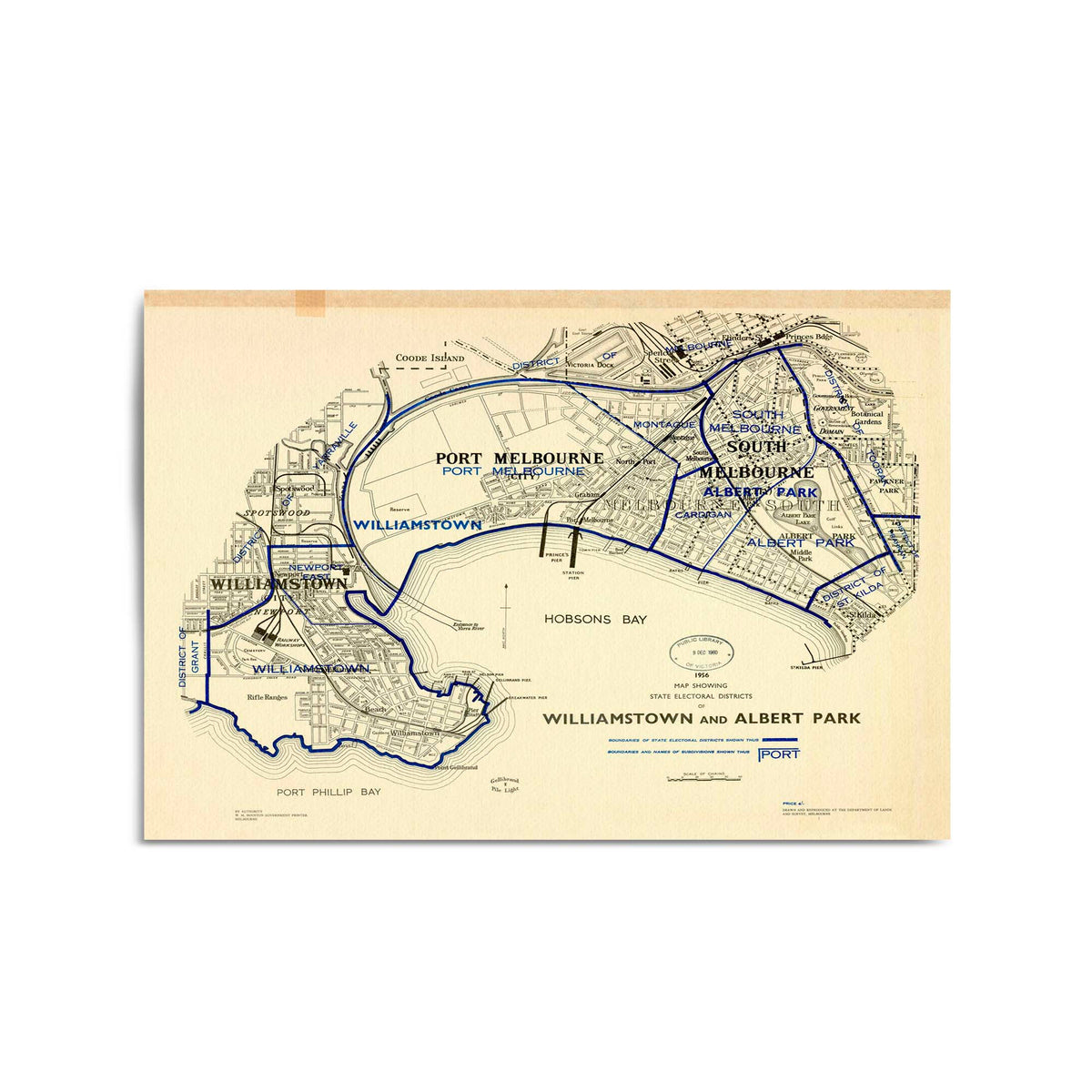 1956 Vintage Map of Williamstown, Port Melbourne & Albert Park, Victor ...