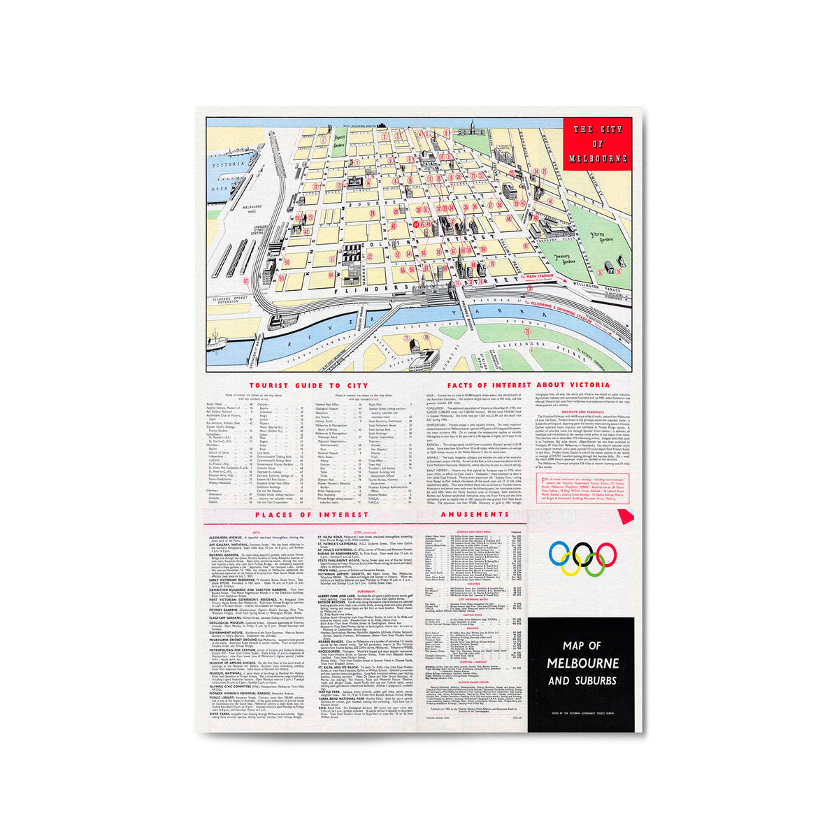 1956 Vintage Tourist Map of Melbourne, Victoria - Olympics Special ...