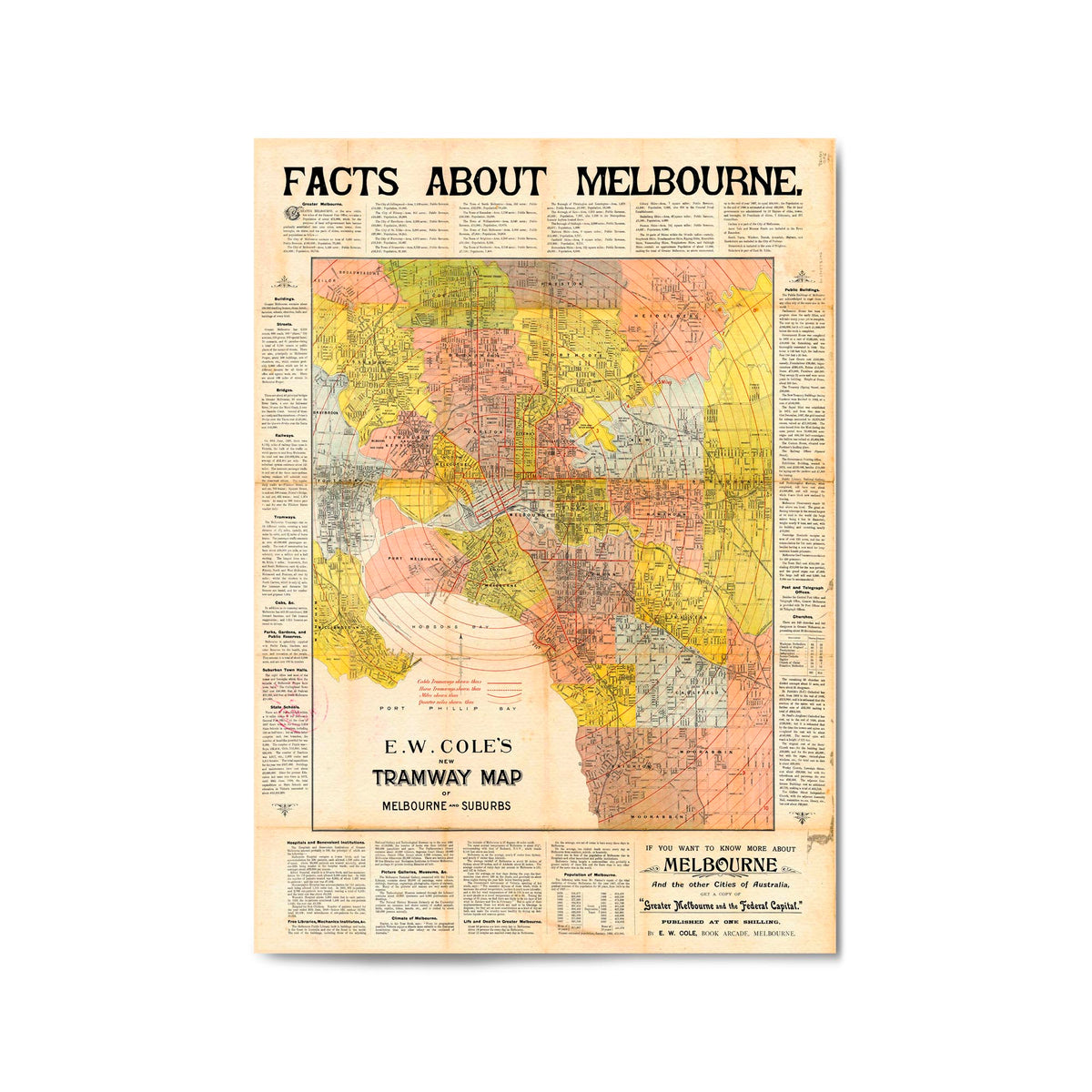 1900 Vintage Map of Melbourne And Suburbs (E.W. Cole's New Tramway Map ...