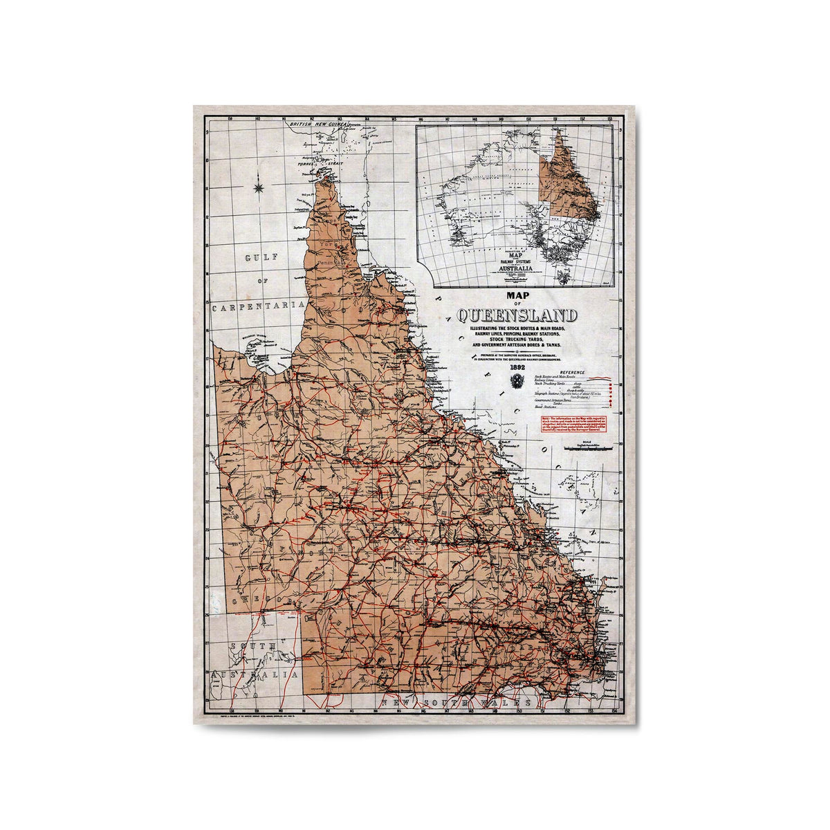 1892 Stock Routes & Main Roads Map of Queensland – Vintage Maps