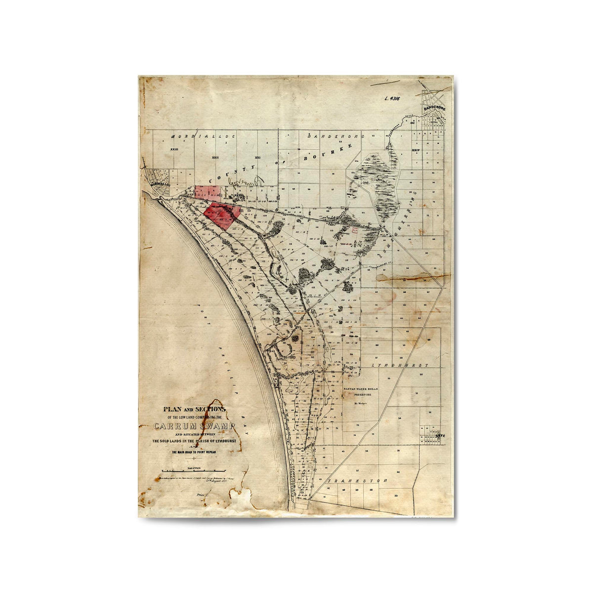 1871 Vintage Map of the Carrum Swamp & Surrounds, Victoria Australia ...