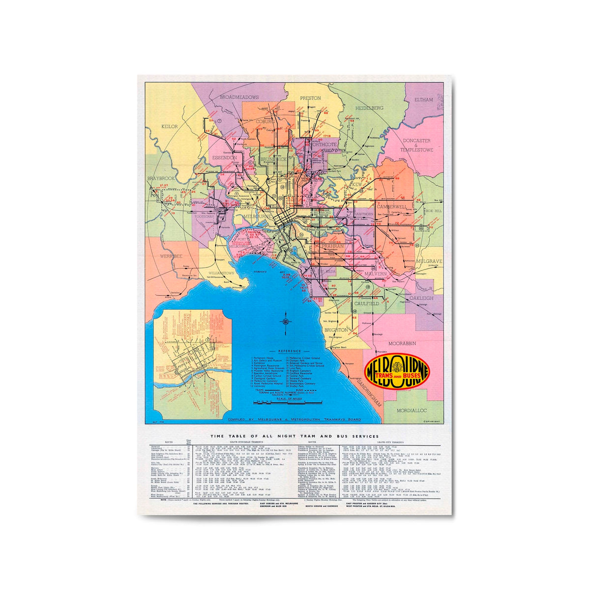 1956 Map of Melbourne's Tram & Bus Services – Vintage Maps