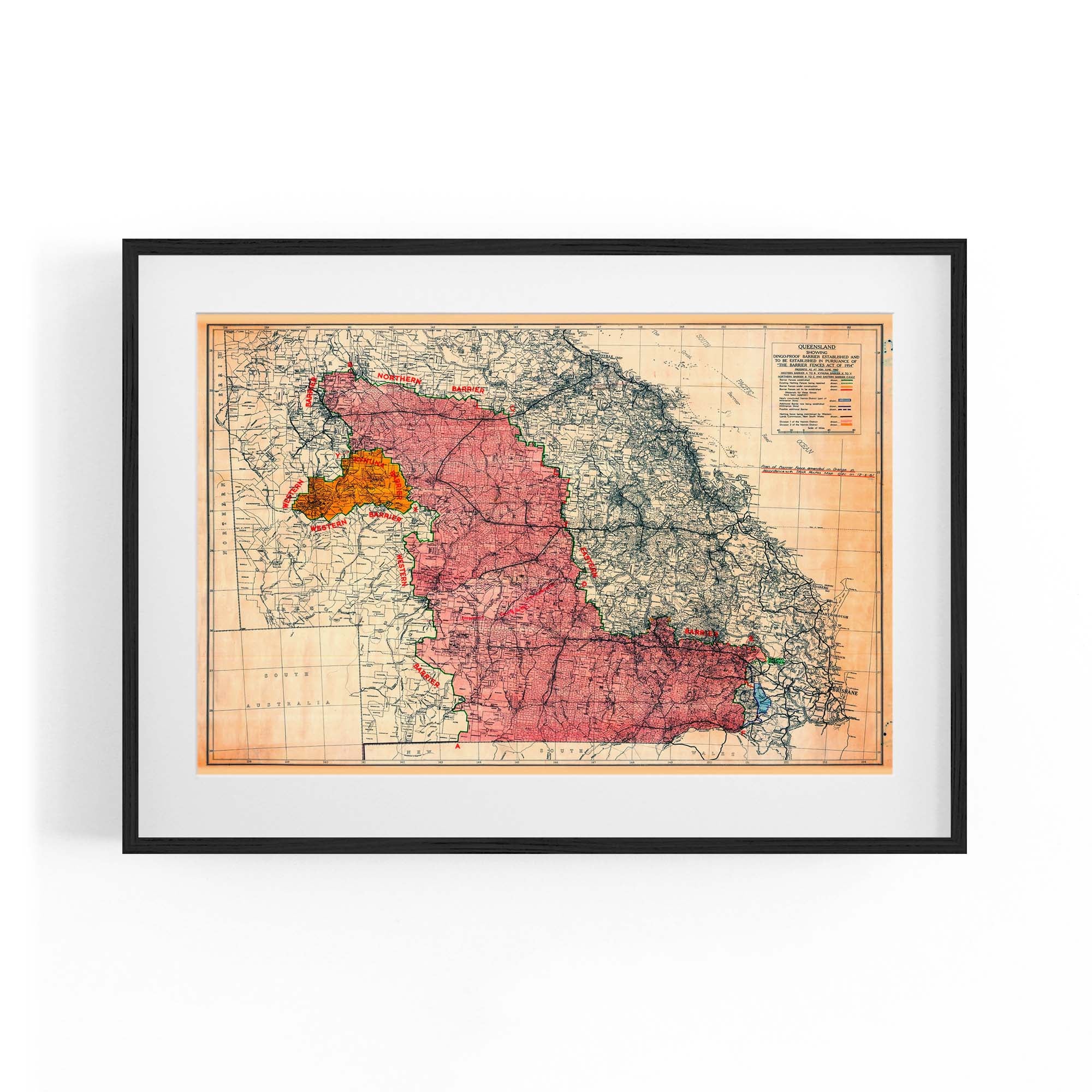 1960 Map of Queensland Showing Dingo-Proof Barrier – Vintage Maps