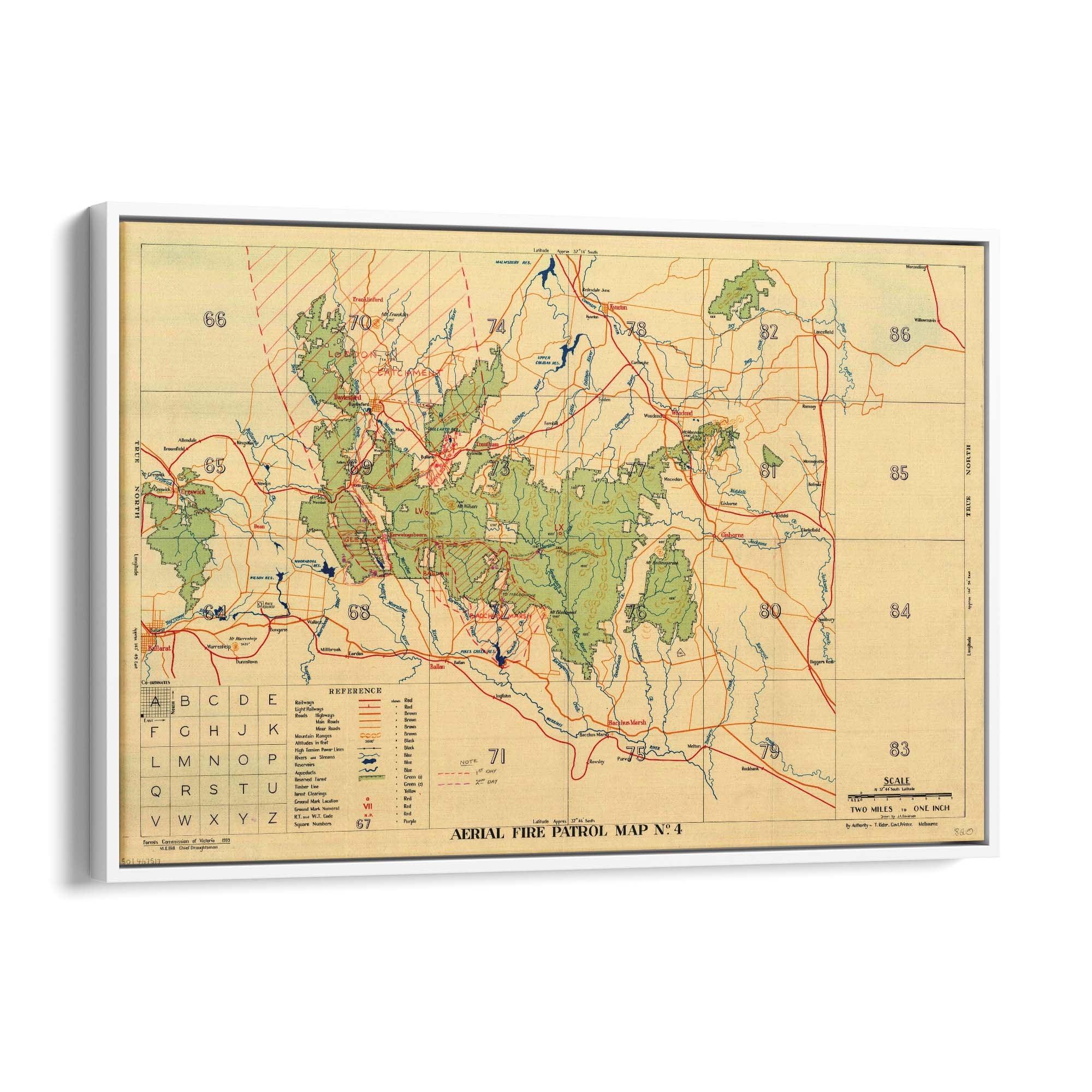 1939 Aerial Fire Patrol Map from Malmsbury to Rowsley and Creswick to ...